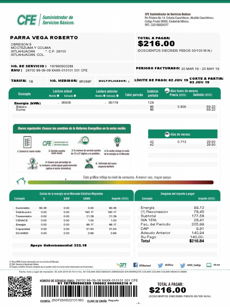 Recibo de Luz CFE: Pago y Detalles 2019 | PDF