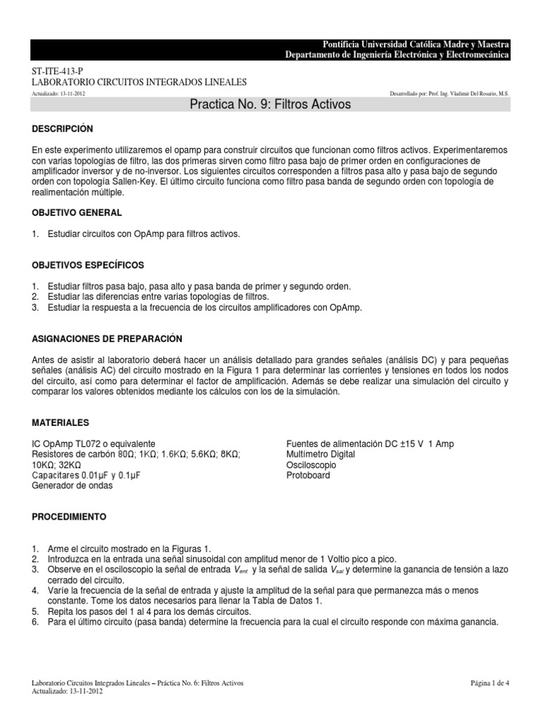 Practica No 9 - Filtros Activos | PDF | Amplificador operacional | Filtro electronico