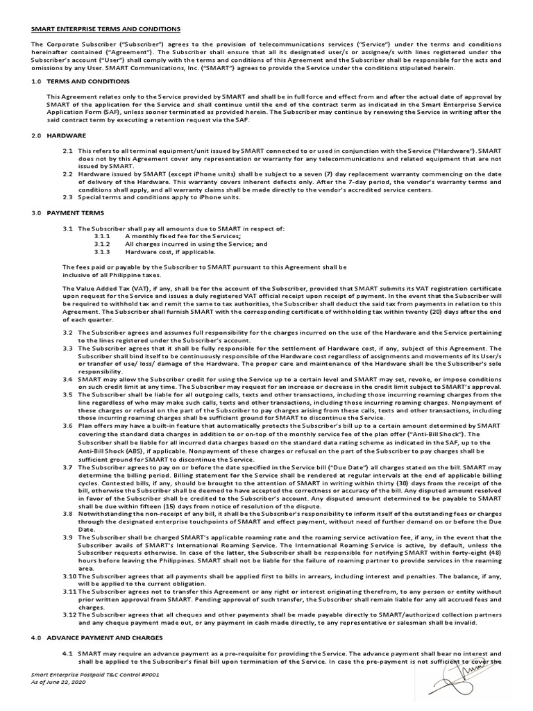 Smart Postpaid Terms and Conditions (P001) (7590) | PDF | Information Security | Privacy