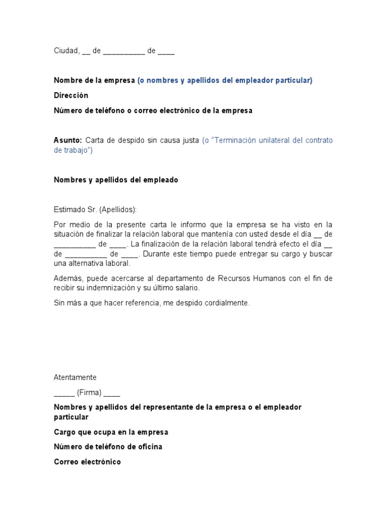 Modelo De Carta De Despido Sin Causa Pdf