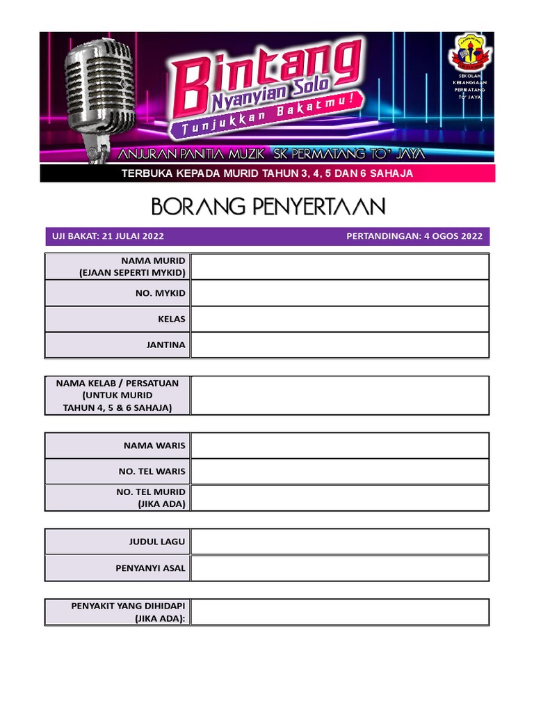 Borang Penyertaan Bintang Nyanyian Solo SKPTJ 2022 | PDF