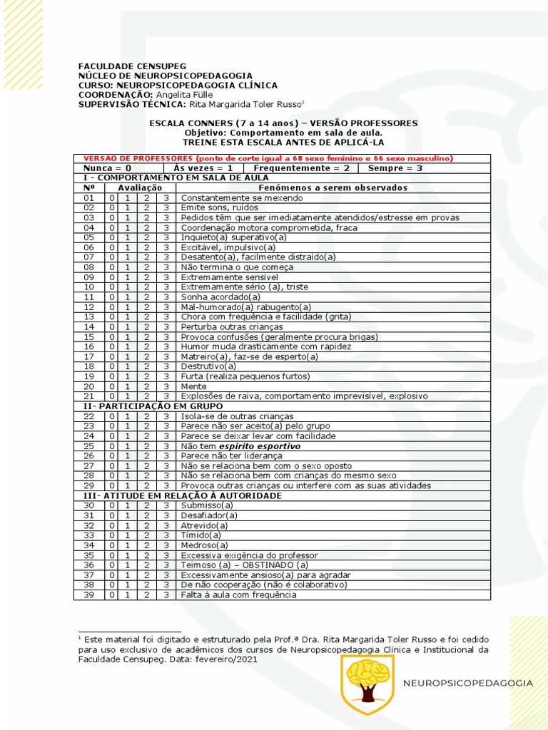 Guia para aplicação da Escala Conners (versão para professores e pais ...