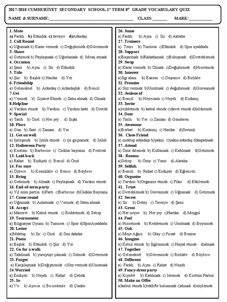 Friendship Vocabulary Quiz | PDF