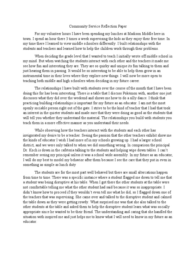 Community Service Reflection Paper | PDF | Teachers | Psychology