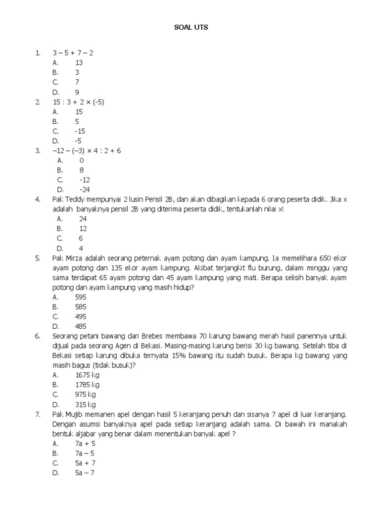 Soal Uts Matematka Kelas 7 Pdf