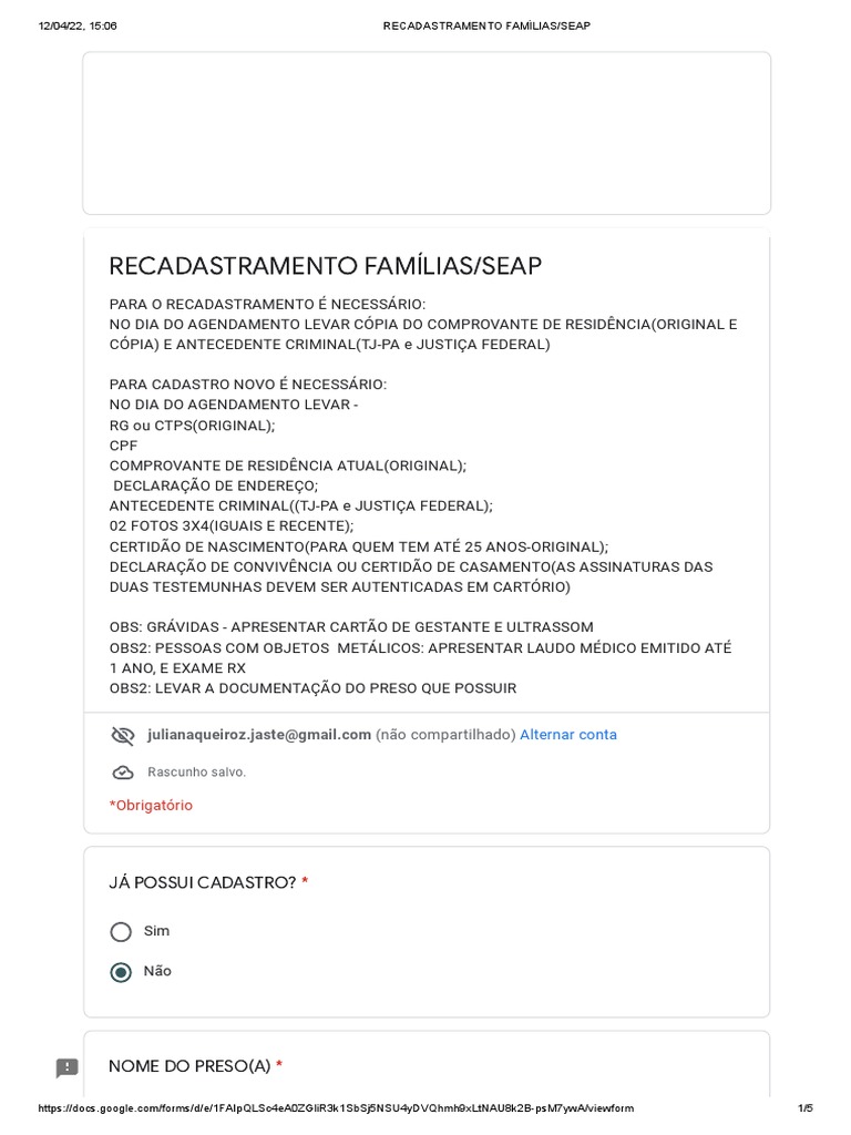 Recadastramento SEAP para Famílias | PDF