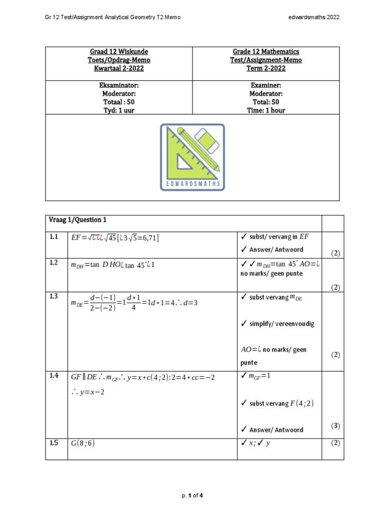 GR 12 Edwardsmaths Test or Assignment Analytical Geometry T2 2022 Memo ...