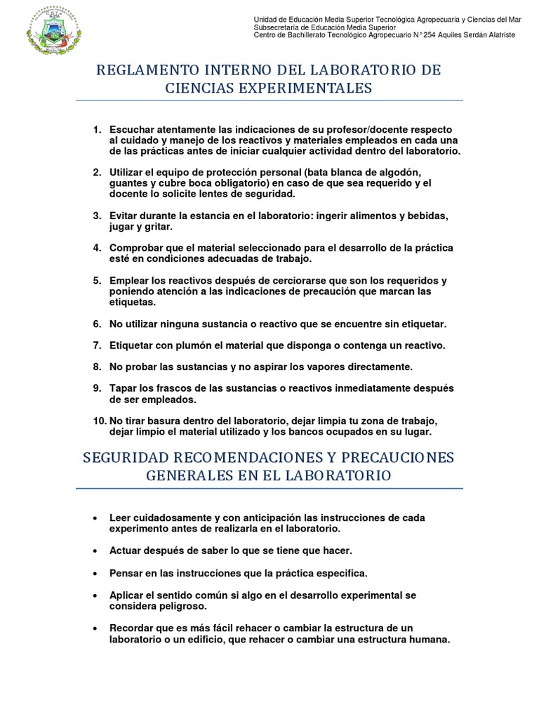 Reglamento Interno Del Laboratorio de Ciencias Experimentales 2022 | PDF | Laboratorios