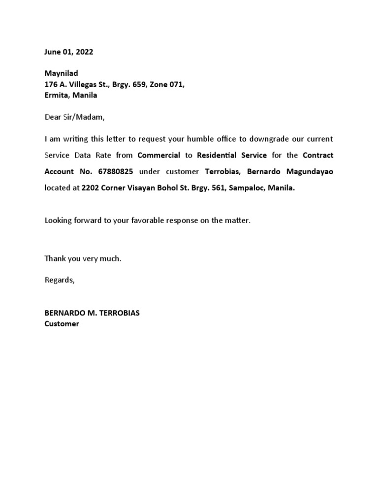 Service Rate Change Request Letter | PDF | Business | Law