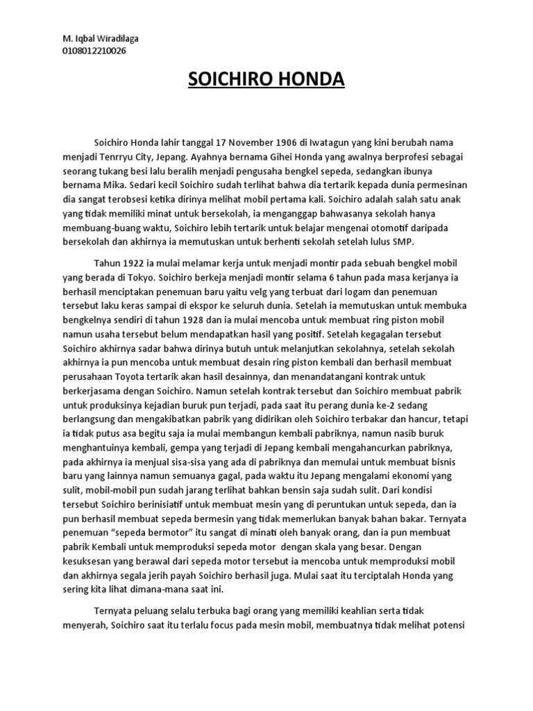 Biografi Soichiro Honda dan Inovasinya | PDF