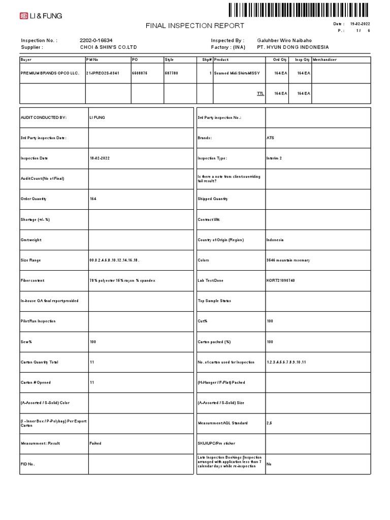 Final Inspection Report | PDF | Seam (Sewing) | Clothing
