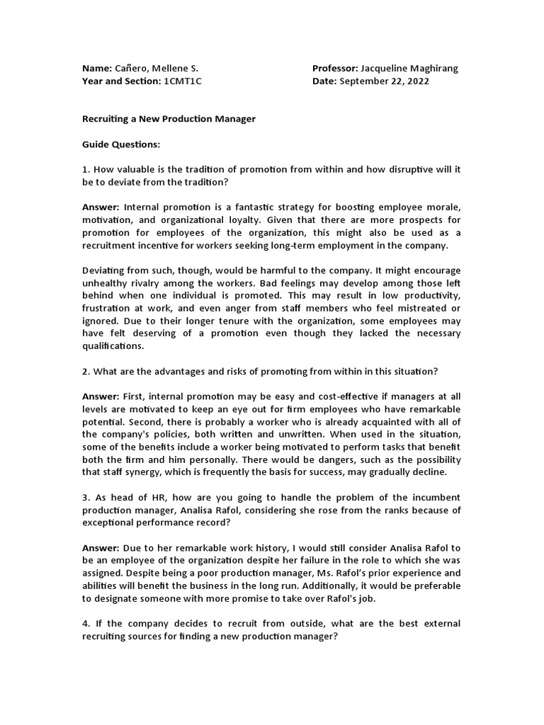 CASE STUDY - Recruiting A New Production Manager | PDF | Recruitment ...