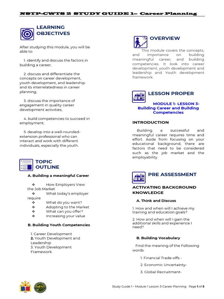 Study Guide 1 Module 1 Lesson 3 Career Planning | PDF | Leadership | Goal