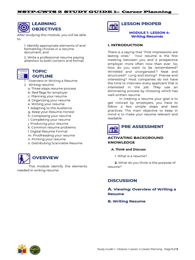 Study Guide 1 Module 1 Lesson 4 Career Planning Final Draft 3 | PDF | Résumé | Cognition