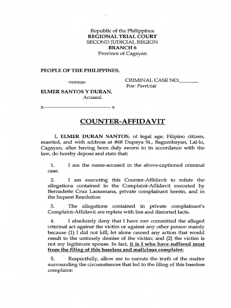PRACTICE COURT 1 RTC Defence - Counter-Affidavit-People-vs.-Santos ...