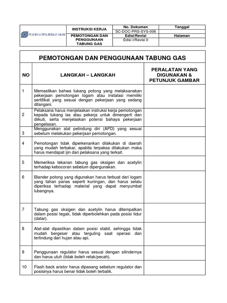 SOP Pemotongan & Penggunaan Tabung Gas | PDF