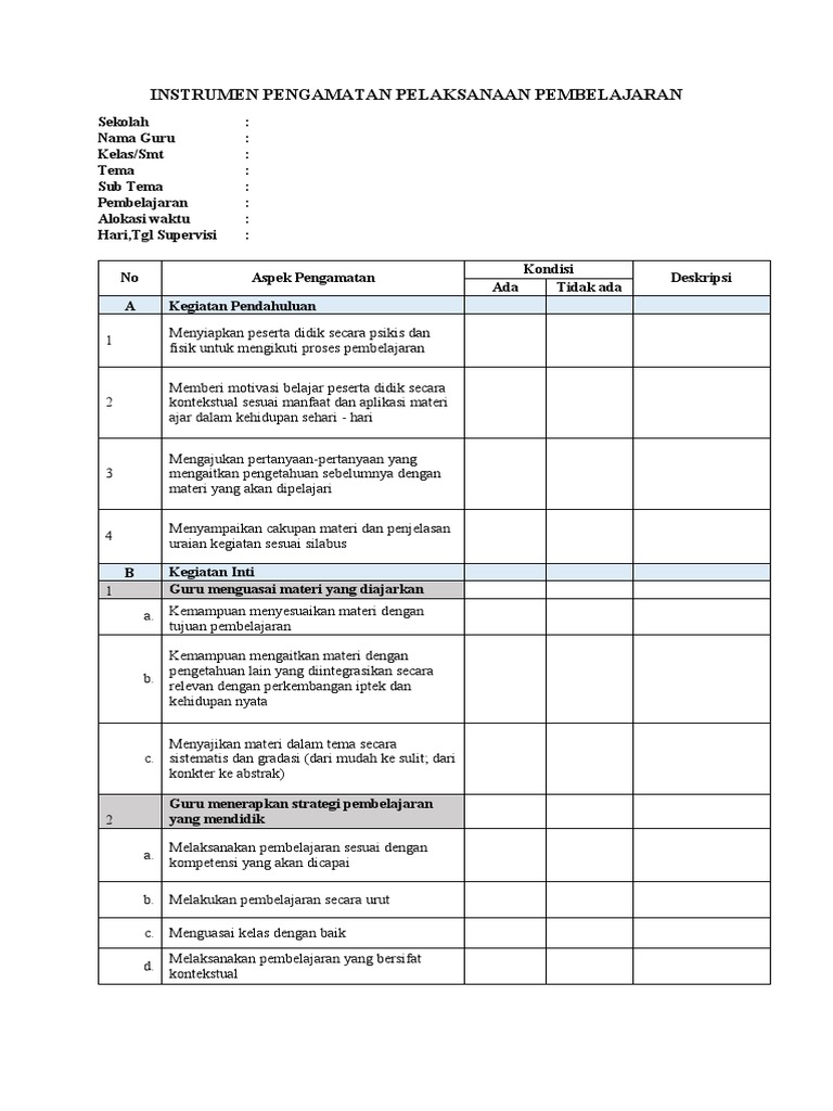 Instrumen Pengamatan Pelaksanaan Pembelajaran | PDF | Karier & Perkembangan