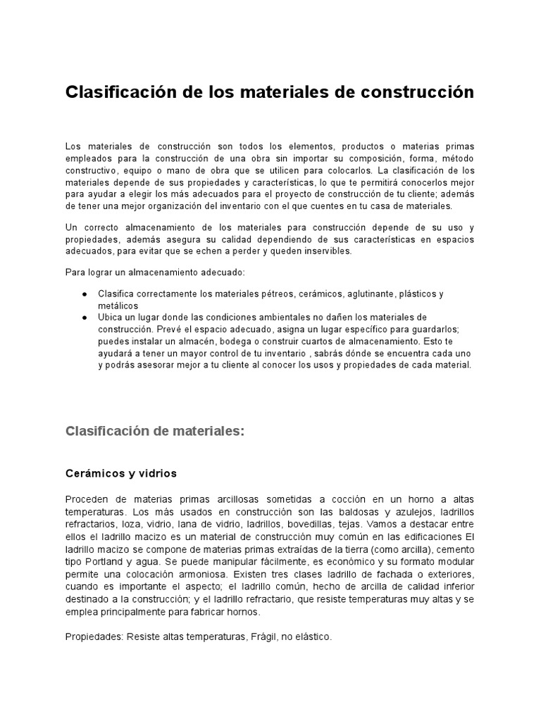Clasificación de Los Materiales de Construcción | PDF | Materiales de ...