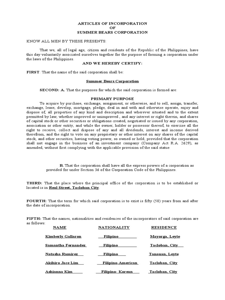 Articles of Incorporation | PDF | Securities (Finance) | Corporations