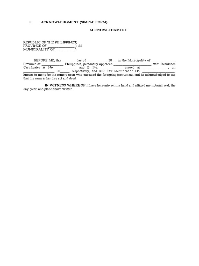 Philippine Notarial Acknowledgment Forms | PDF | Notary Public | Property Law