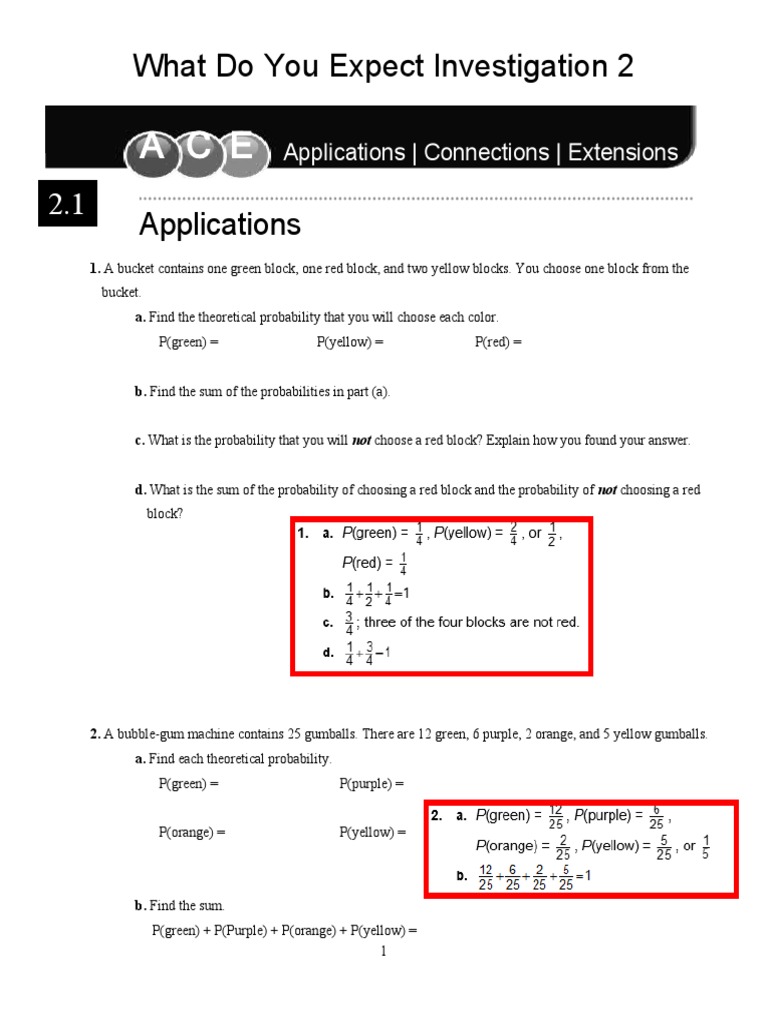 Ace HW Key Investigation 2 With Answers | PDF | Probability | Odds