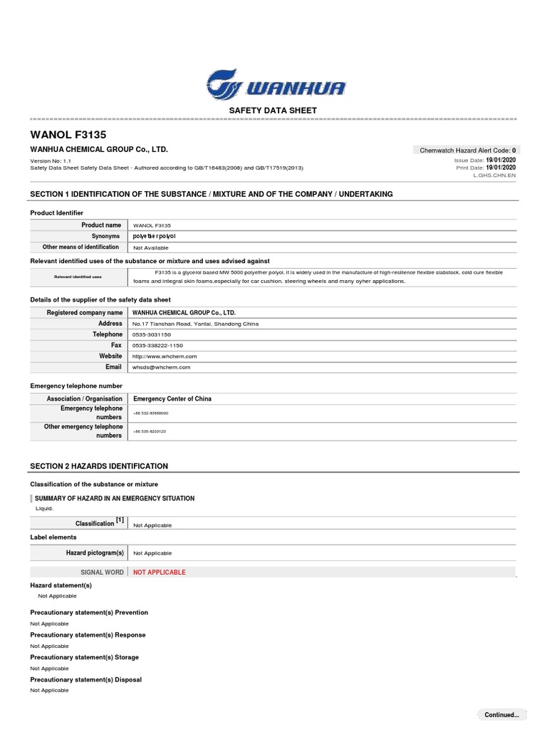 Safety Data Sheet for WANOL F3135 Polyether Polyol | PDF | Dangerous ...