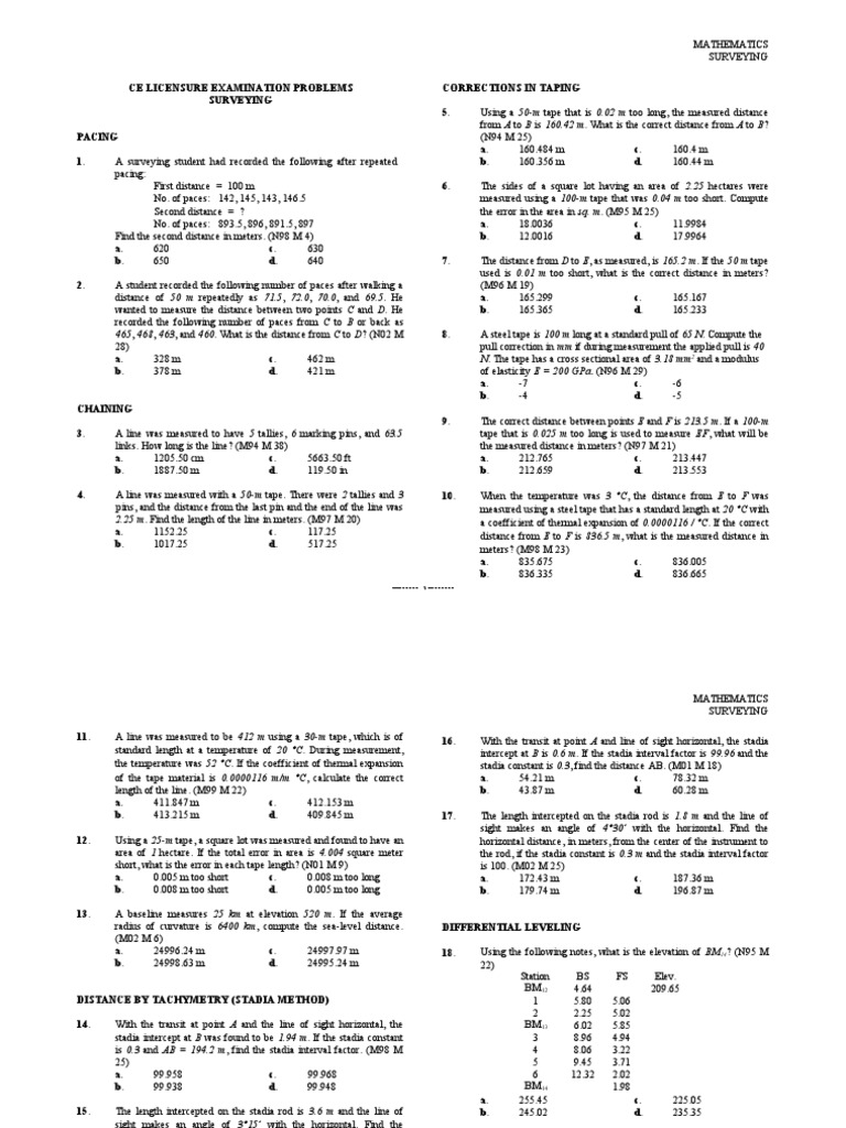 PDF Ce Board Problems in Surveying | PDF | Surveying | Angle