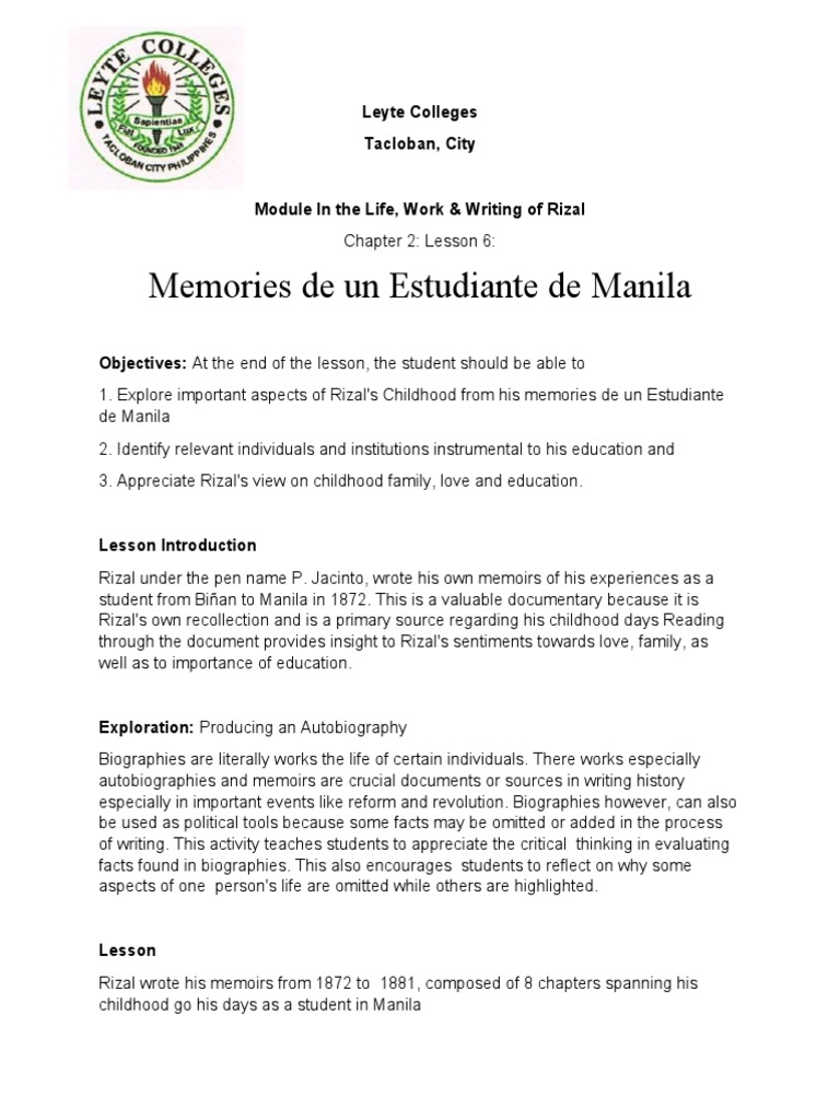 Rizal's Memoirs: Childhood & Education | PDF | Manila
