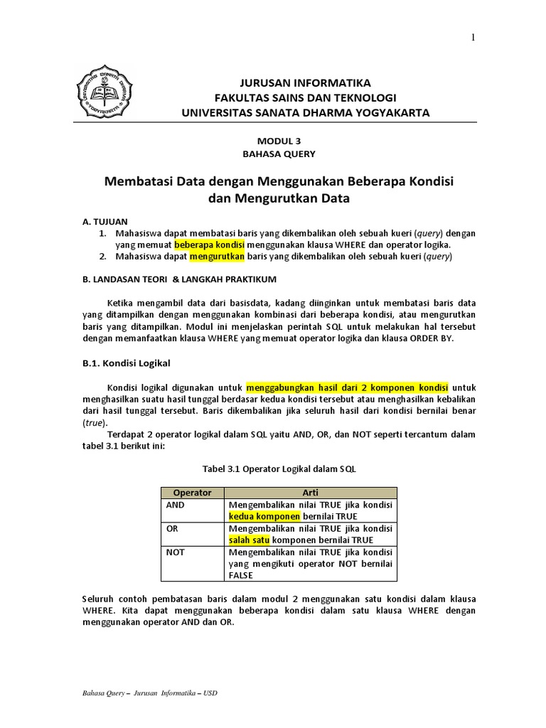 MODUL 3 Bhs Query - Membatasi Dan Mengurutkan Data Rev 2022 | PDF