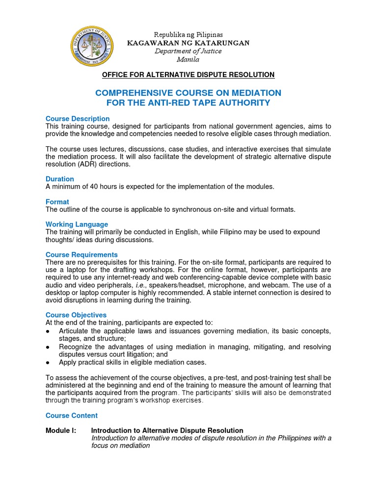 Mediation Training Course Syllabus and Program | PDF | Mediation | Alternative Dispute Resolution