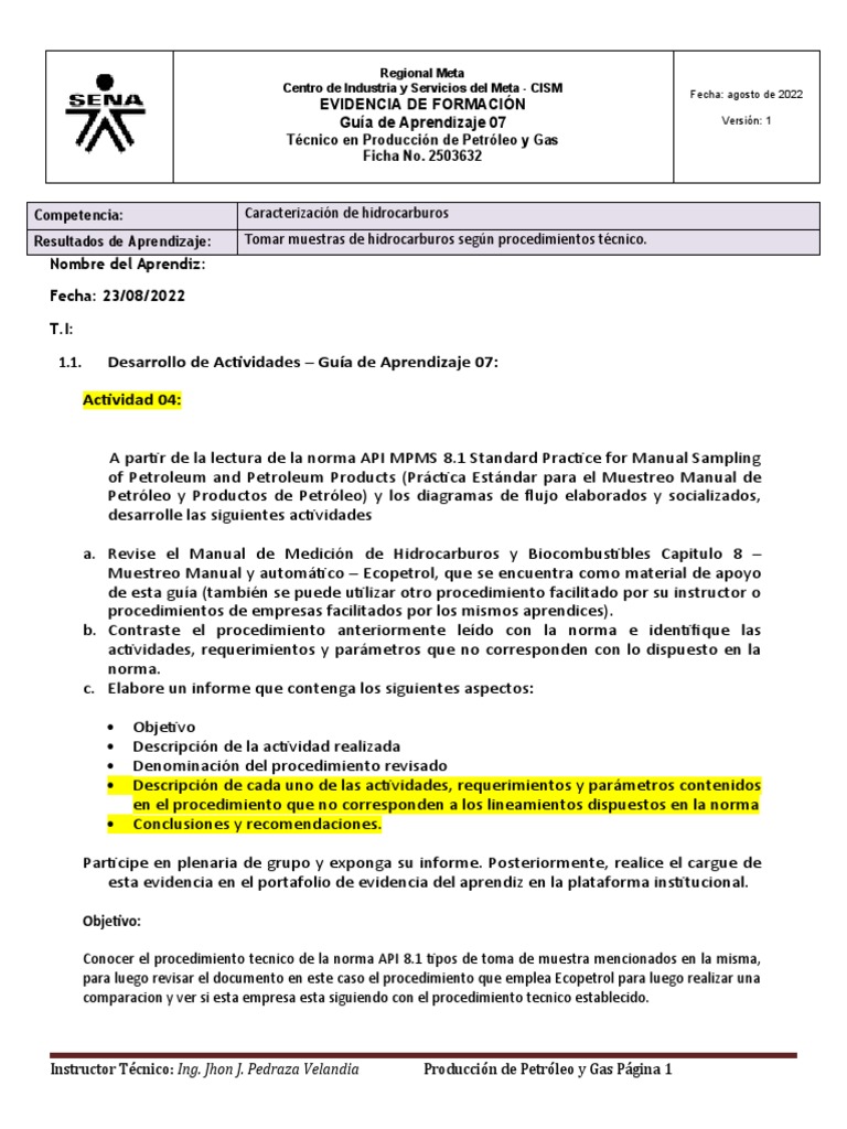 Informe Comparaciòn Procedimiento Ecopetrol y Normas API | PDF