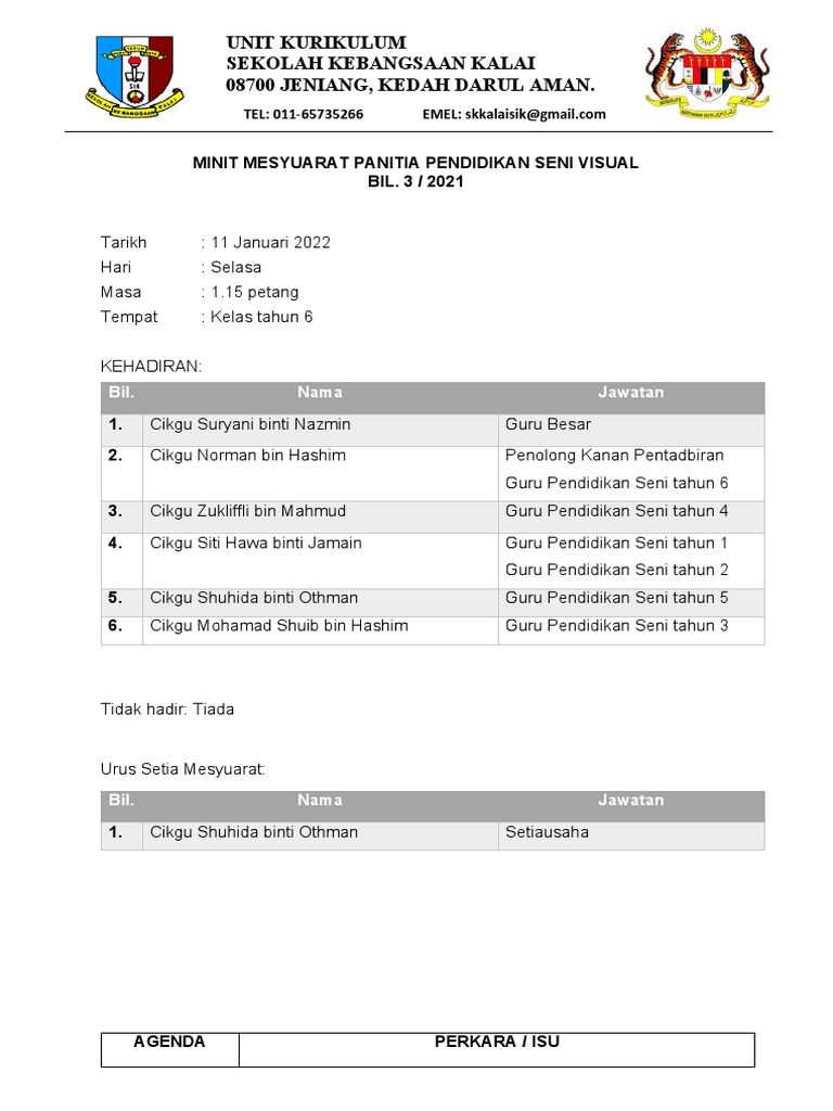 MINIT MESYUARAT PANITIA PENDIDIKAN SENI VISUAL Ke-3 | PDF