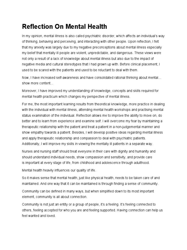 Reflection On Mental Health | PDF | Mental Disorder | Mental Health