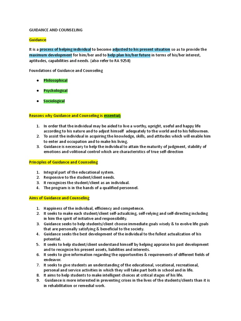 Notes Guidance | PDF | Counseling Psychology | School Counselor