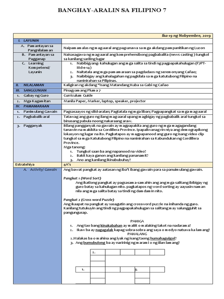 Banghay-Aralin Sa Filipino 7: I. Layunin | PDF