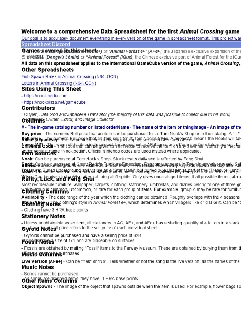Data Spreadsheet For Animal Crossing (N64, GCN) | PDF