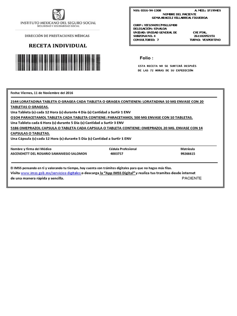 Receta IMSS Urgencias Editable 2023 | PDF
