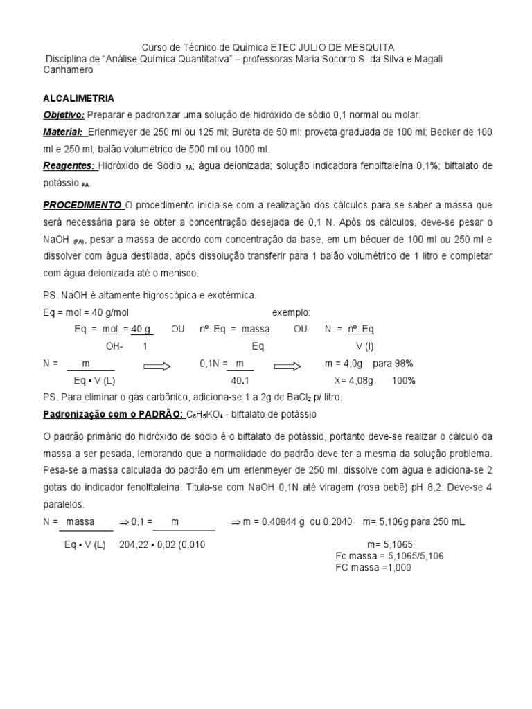 Método Alcalimetria | PDF | Hidróxido de sódio | Concentração