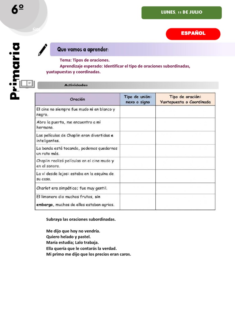 Tema: Tipos de Oraciones. Aprendizaje Esperado: Identificar El Tipo de ...