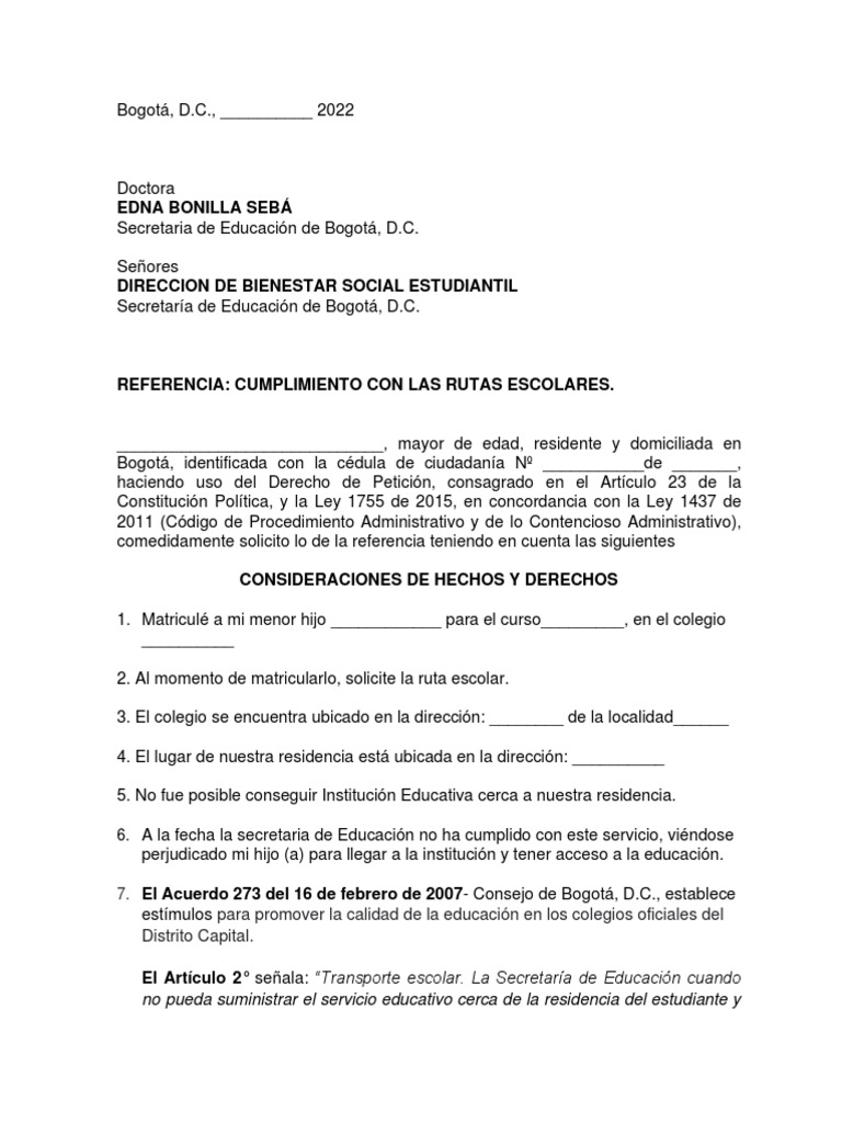 Derecho de Peticion para El Acceso A Ruta Escolar | PDF | Gobierno Derecho de Peticion para El Acceso A Ruta Escolar | PDF | Gobierno