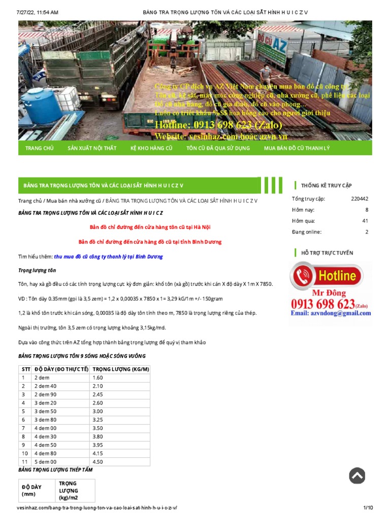 BẢNG TRA TRỌNG LƯỢNG TÔN VÀ CÁC LOẠI SẮT HÌNH H U I C Z V | PDF