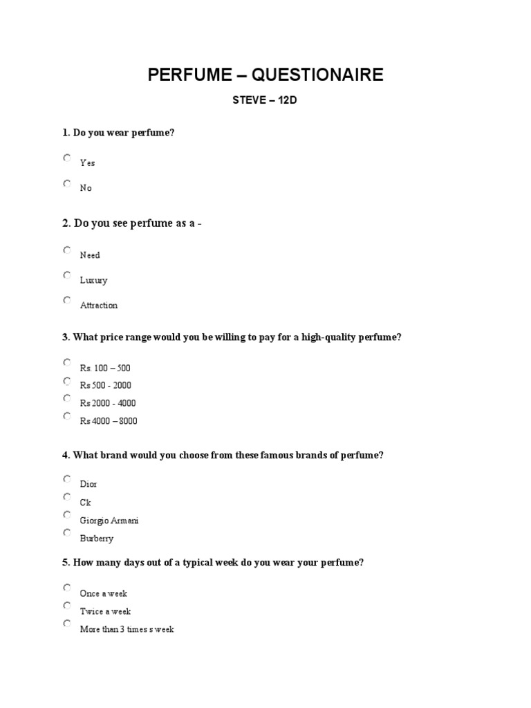 Perfume Questionaire | PDF | Cooking, Food & Wine