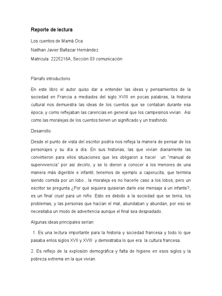 Reporte de Lectura Los Cuentos de Mamá Oca Naithan Javier | PDF ...