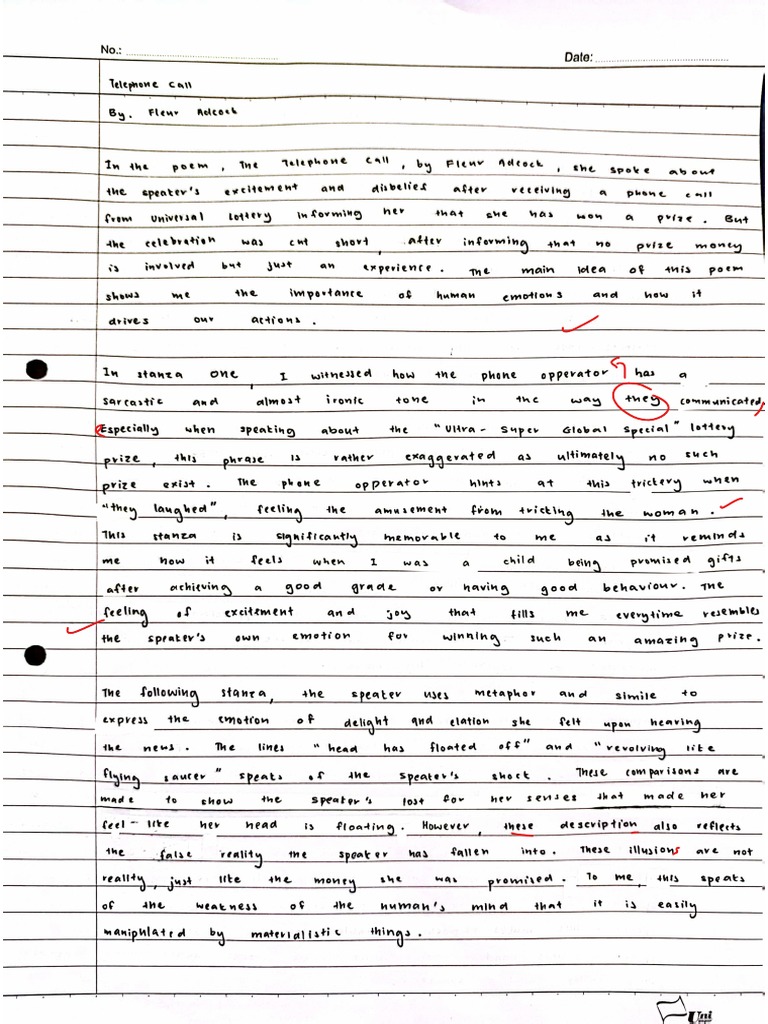 Telephone Call by Fleur Adcock (Miki - Marked) | PDF