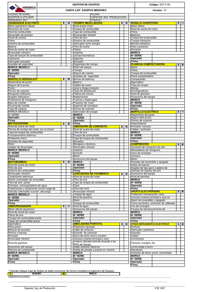 SST-7-05 Check List Equipos Menores | PDF | Tanques | Aceite de motor