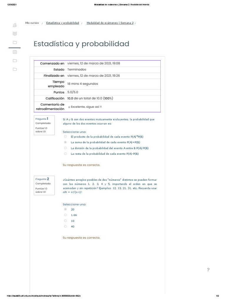 Modalidad de Exámenes - Semana 2 - Estadistica y Probabilidadrevisión Del Intento | Descargar ...