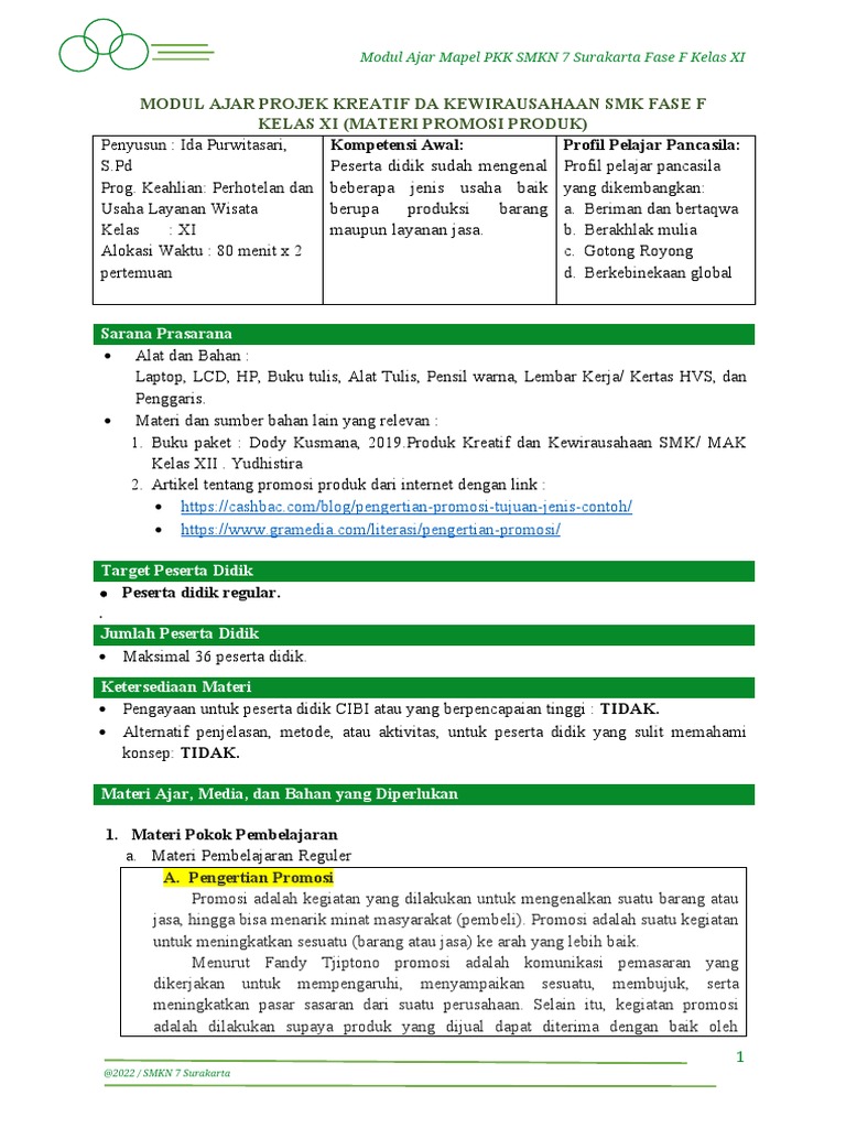 PPG 2. Modul Ajar PKK Promosi Produk | PDF