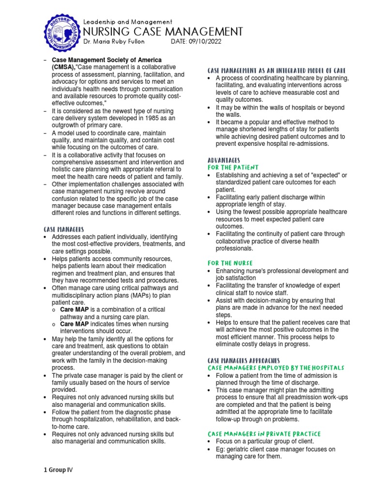 Nursing Case Management and Innovative and Contemporary Method Group IV ...