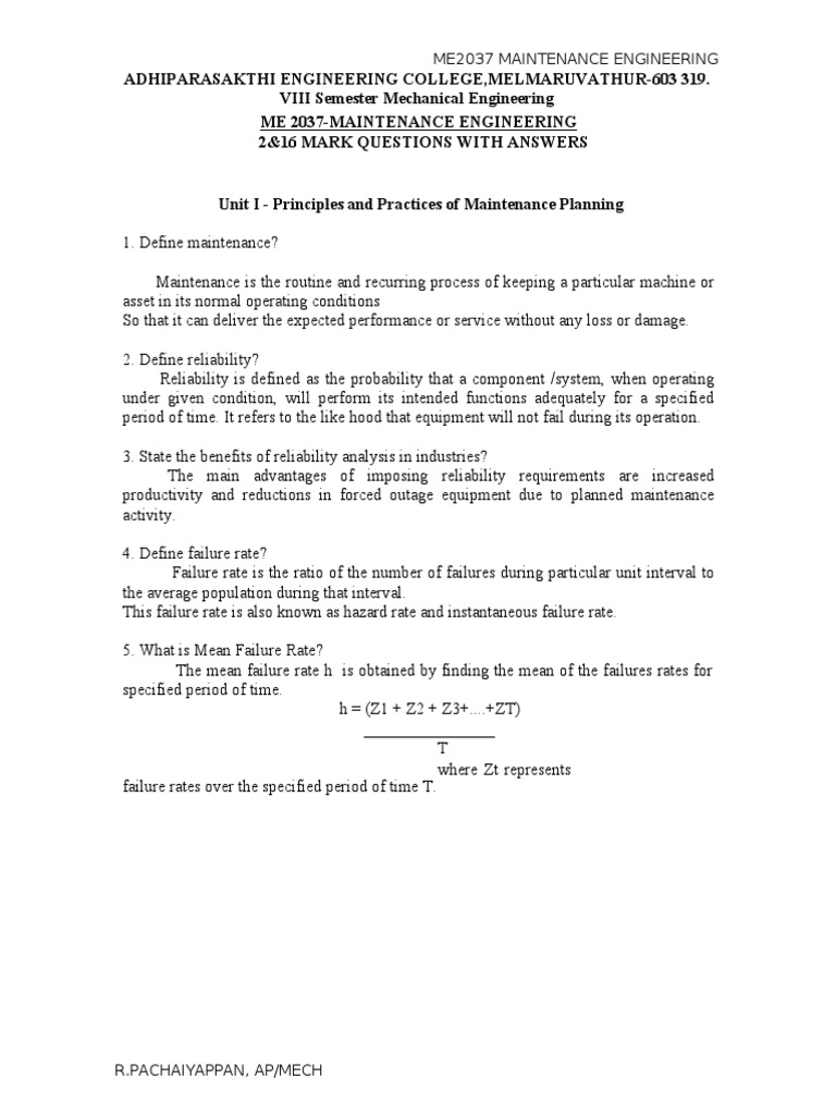 Maintenance Engineering Questions and Answers | PDF | Reliability Engineering | Systems Engineering