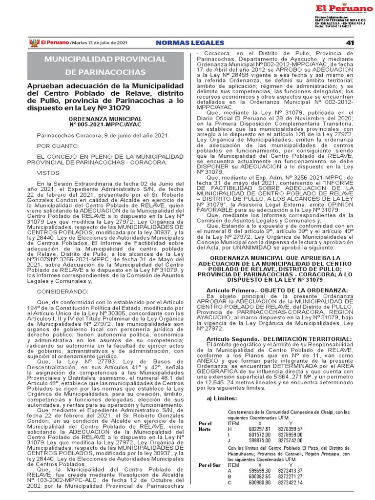 Aprueban Adecuacion de La Municipalidad Del Centro Poblado D Ordenanza ...